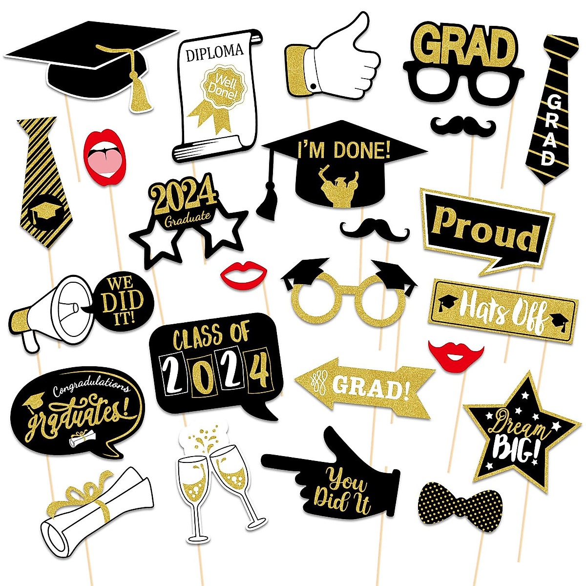 Black-Gold Graduation Party-Decorations Photo-Booth Props - 25pcs DIY Funny Glasses Cap 2024 Class Congrate Grad Photography Props Decor,College Favors Gifts Supplies Ouruola