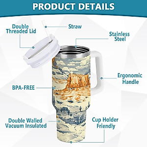 Jihqo Western Desert 40 oz Stainless Steel Vacuum Insulated Tumbler with Handle and Straw Lid, Leakproof Water Bottle Double Wall Travel Mug Coffee Cup, Cupholder Friendly
