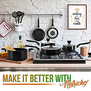 NutriChef 13-Piece Nonstick Cookware PTFE/PFOA/PFOS Free Heat Resistant Kitchen Ware Set w/Saucepan, Frying Pans, Cooking Pots, Casserole, Lids, Ladle, Fork, Strainer NCCWA13, Black