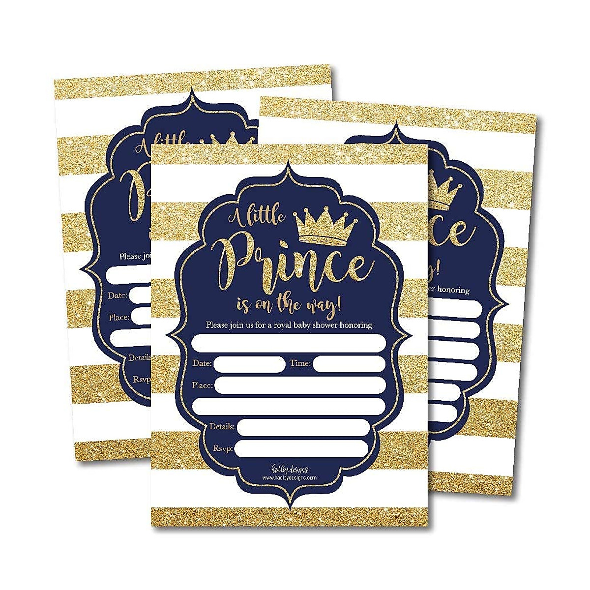 Hadley Designs - 25 Little Prince Baby Shower Invitations, 25 Baby Shower Diaper Raffle Tickets For Baby Shower Boy, Navy & Gold Fill or Write in Card, Diaper Raffle Cards