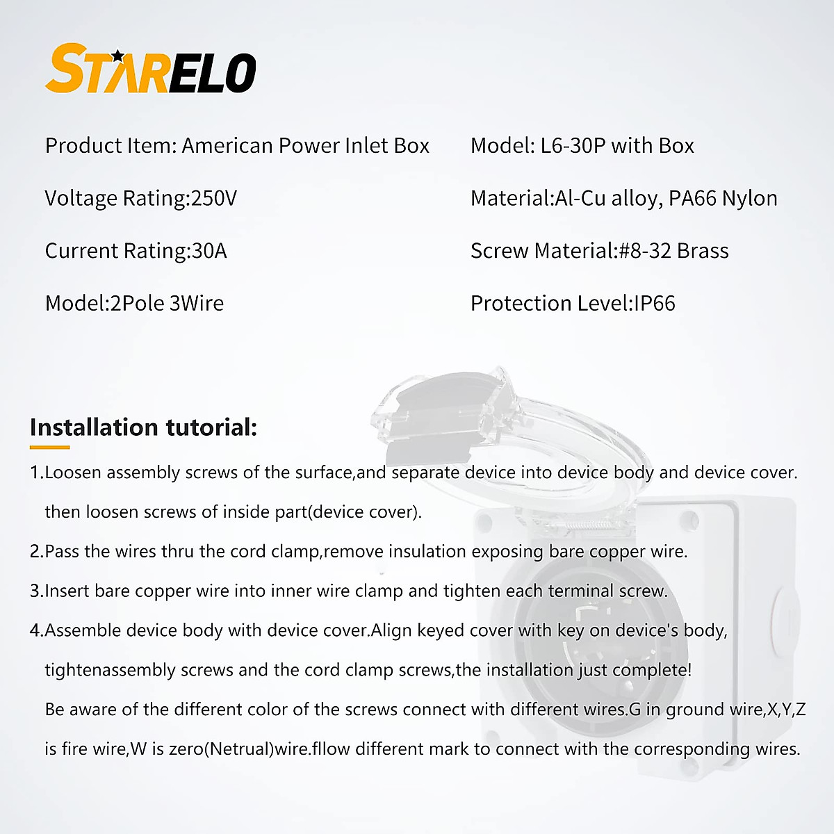 STARELO 30 Amp NEMA L6-30P Generator Power Inlet Box,250 Volt,Outdoor dustproof and Weatherproof for generators, Welding Machines, etc.ETL Listed.(NEMA L6-30P Box)