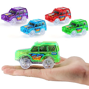Save Unicorn Tracks Cars only Replacement, Toy Cars for Tracks Glow in The Dark, Car Tracks Accessories with 5 Flashing LED Lights, Compatible with Most Car Tracks for Kids Boys and Girls(4pack)