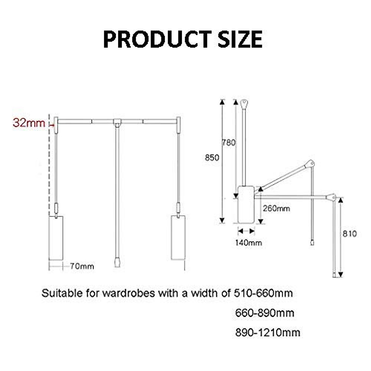 Drop-Down Wardrobe Hanging Slide Rail, Adjustable Large Telescopic Wardrobe Hanger, Saving Space, Soft Reset, Silver, 30KG Load (Size : 890-1210mm)
