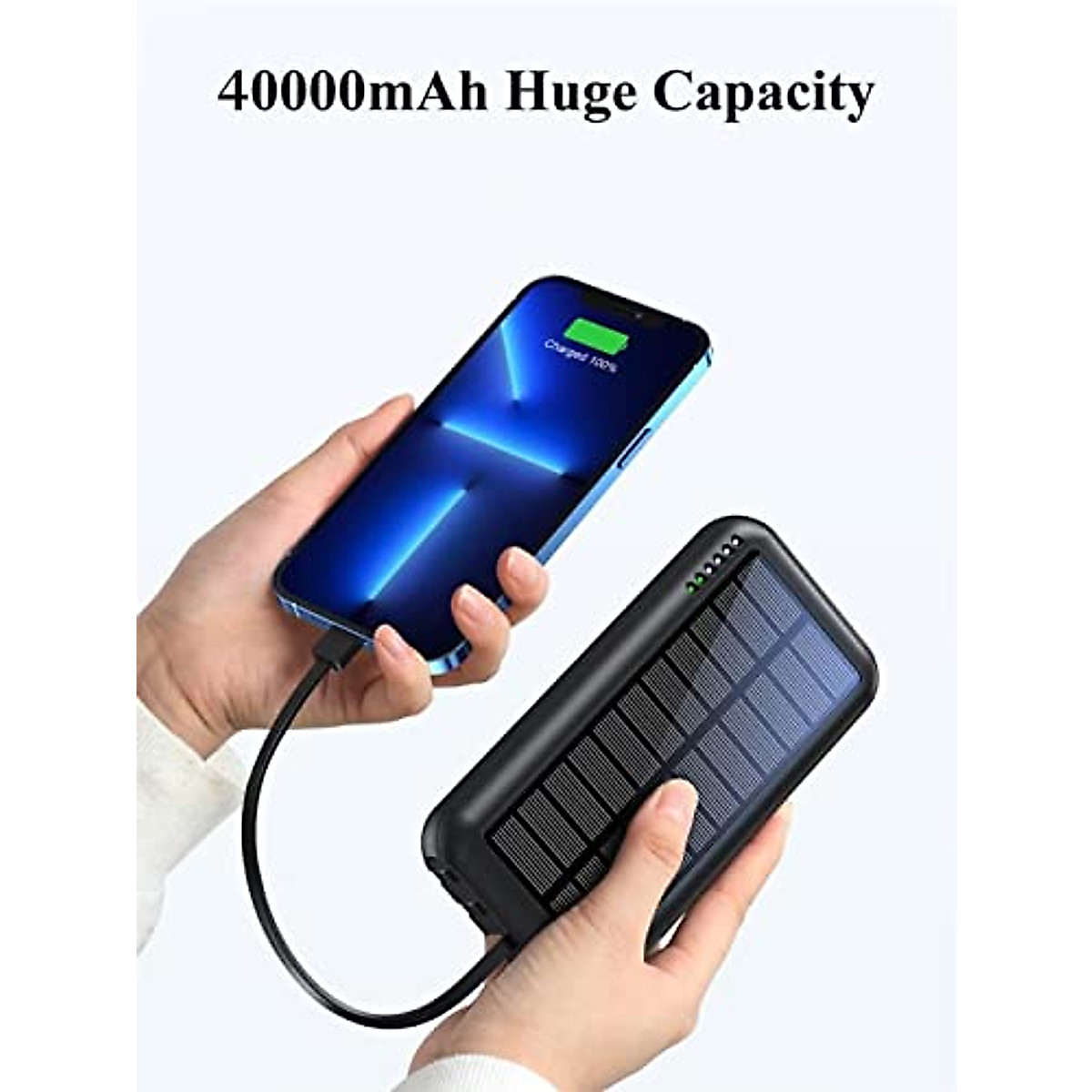 Power-Bank-Solar-Portable-Charger - 40000mAh Power Bank Large Capacity Built in 3 Output and 1 Input Cables and Flashlight 5V3.1A Quick Charge Compatible with All Smart Phones and USB Devices(Black)