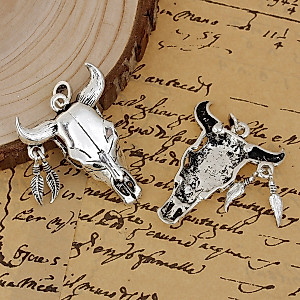 Sexy Sparkles Indian Western Vintage Native Feather Cow Bull OX Horn Buffalo Skull Pendant