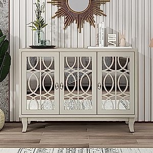 Goujxcy 47.2" Modern Mirrored Console Table, Vintage Rectangular Console Table Buffet Sideboard with 3 Mirrored Glass Doors, 2 Cabinets and 2 Adjustable Shelves for Entryway/Living Room (Champagne)