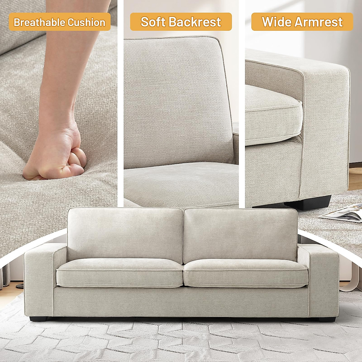 EASELAND Sofa Couch, 88" Chenille Loveseat for Living Room, 3 Seater Lounge Sofa for Bedroom with Removable Back and Seat Cushions, Modern Deep Seat Comfy Couch with Solid Wood Legs and Armrest(Beige)