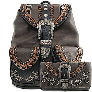 Justin West Trendy Western Rhinestone Leather Conceal Carry Top Handle Backpack Purse (Western Brown Backpack Wallet Set)