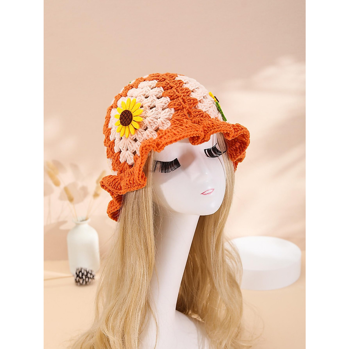 Verdusa Women's Floral Applique Crochet Bucket Hats Knit Caps Orange one-Size
