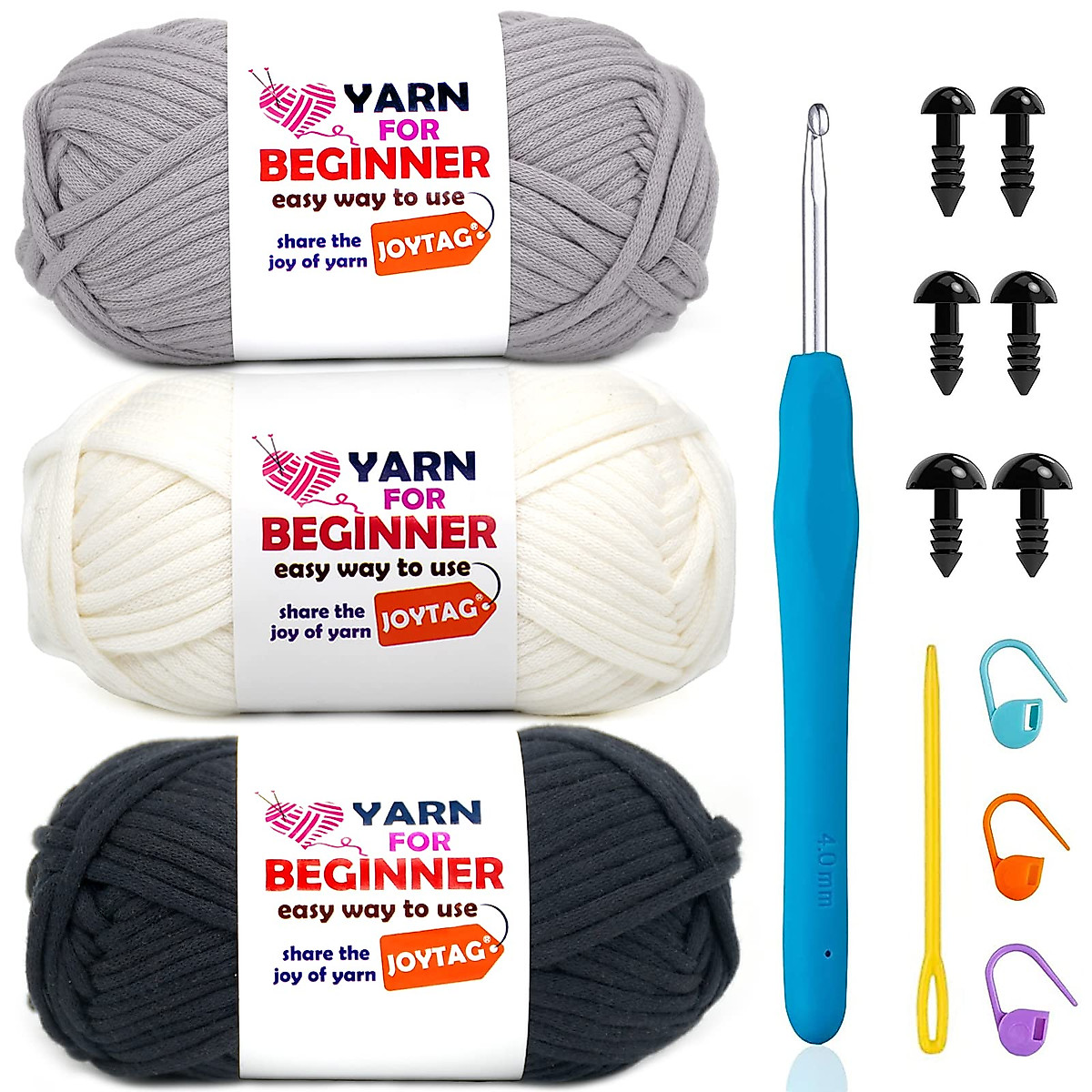 3 Pack Beginners Crochet Yarn Black White Grey Cotton Crochet Yarn for Crocheting Knitting Beginners with Easy-to-See Stitches Cotton-Nylon Blend Crochet Yarn for Beginners Crochet Kit(3x50g)