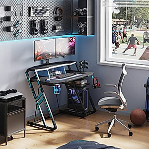 MOTPK Gaming Desk with Storage Shelf 39 inch, Computer Desk with Monitor Shelf, Gaming Table with Carbon Fiber Surface, Gamer Desk with Cup Holder & Headphone Hook, Gift for Boys Men, Black