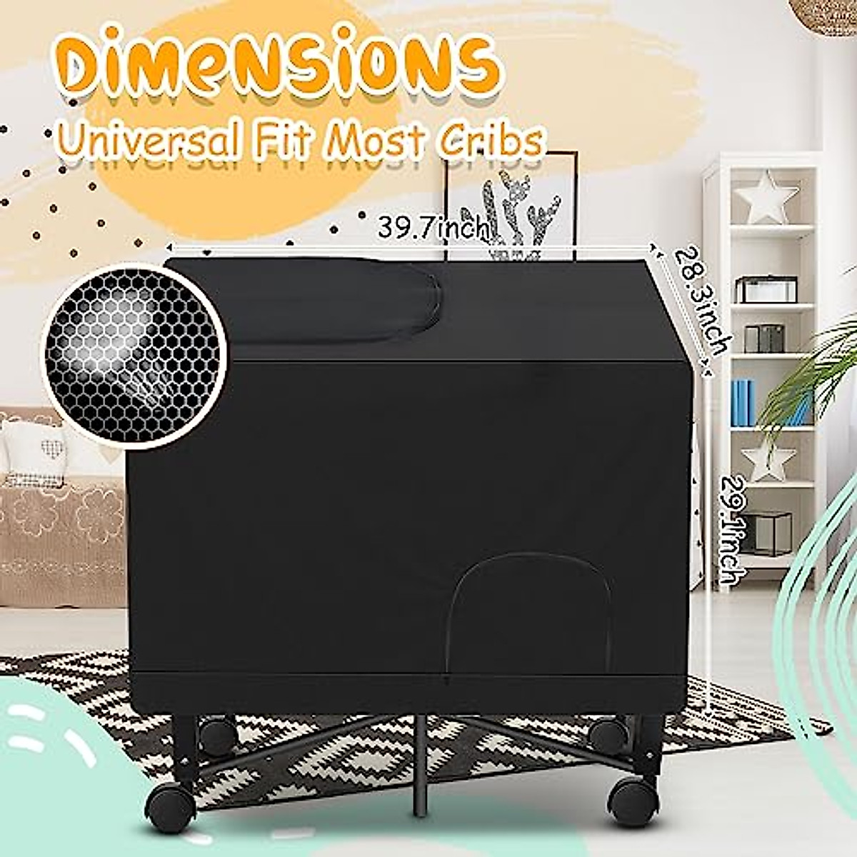 Preboun 2 Pcs Blackout Cover Compatible with Pack N Play, Black Crib Canopy Cover Breathable Travel Netting Tent Portable Stretchy Netting Cover for Indoor Outdoor Playard to Sleeping or Play