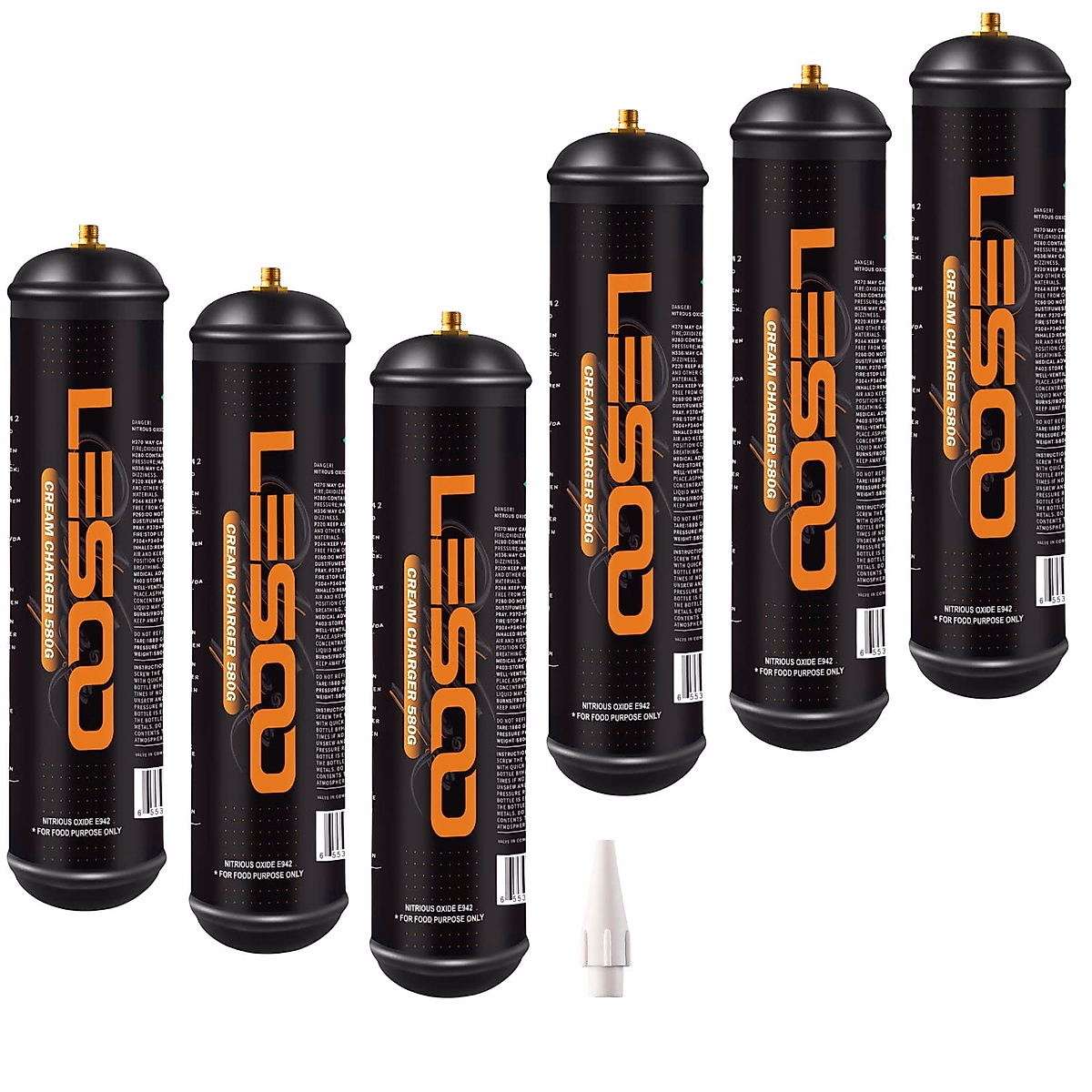 LesooWhip 615g Whipped Cream Charger 1 Box Pure N2O Tank 0.99 Liter Nitrous Oxide Cylinders with Most Cream Whippers(6 cylinders)