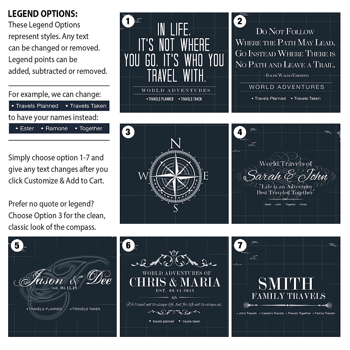 Holy Cow Canvas Personalized Navy Push Pin World Map on Canvas, Customize with Names, Travel Map with Pins Included to Track Your Travels, World Map Pin Board, Travel Themed Gift for People Who Travel