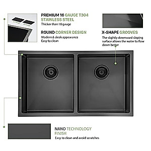 Beslend 33 Inch Black Undermount Kitchen Sink - 33”x19”x10” Stainless Steel Gunmetal Black 16 Gauge 10 Inch Deep 50/50 Double Bowl Kitchen Sink Basin