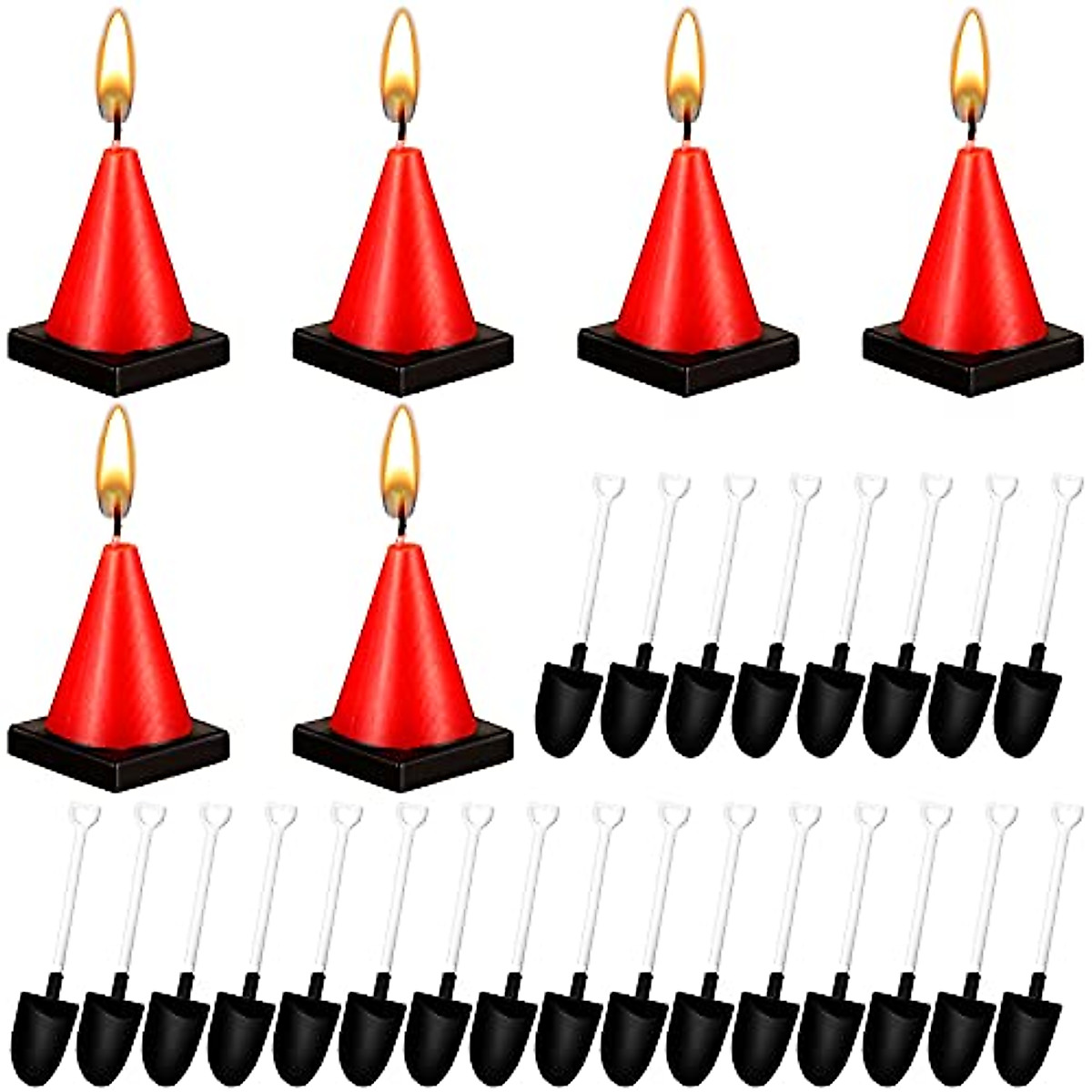 BBTO 6 Pieces Cone Shaped Molded Candles 50 Pieces Plastic Shovel Shape Novelty Spoons Construction Party Supplies Traffic Cones Candles for Birthday Cakes Decorations Toppers Construction