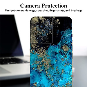Gadget Gear Vinyl Skin Back Sticker Aqua Blue with Golden Streaks (83) Mobile Skin Compatible with Xiaomi Redmi Note 10 (Only Back Panel Coverage Sticker)