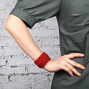 Hicarer 6 Pieces Faux Pearl Bracelet Set Stretch Bracelets Bridal Dancing Party Jewelry for Women(Red)