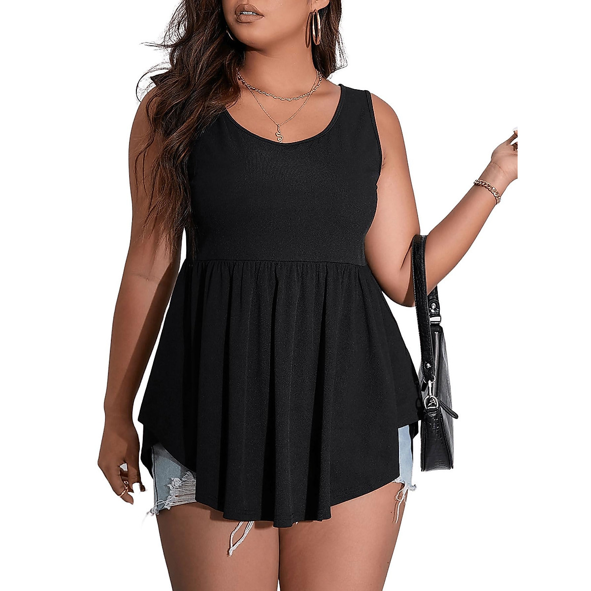 SOLY HUX Women's Plus Size Sleeveless Summer Tops Peplum Tank Top Scoop Neck Ruffle Hem Shirts Black 3XL