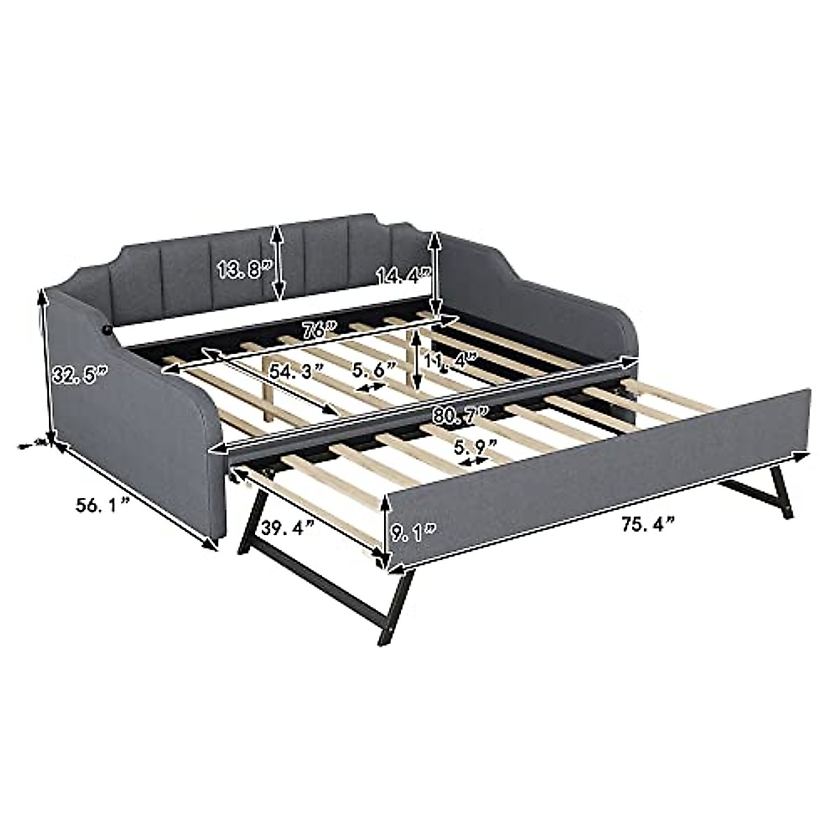 Upholstered Daybed with Pop Up Trundle, Full Size Daybed with Trundle and USB Charging Design, Trundle can be Flat or Erected, Extendable Daybed Frame for Kids Teens (Grey,Full)