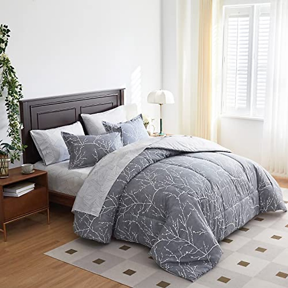 UOZZI BEDDING Cotton Gray Comforter Sheet Set Queen Size 7 Pieces Bed in a Bag with White Branch Soft Bed Set (1 Comforter 2 Pillow Shams 1 Flat Sheet 1 Fitted Sheet 2 Pillowcases)