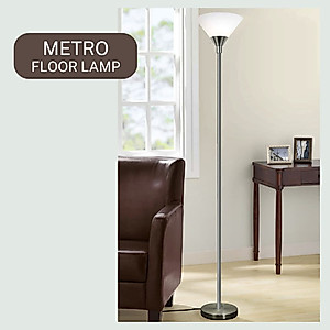 Metro Modern Floor Lamp 72" Tall Floor Light Brushed Nickel Metal With White Shade - Stand Up Lamp - Uplight Pole Light Standing Lamp Floor Lamp For Bedroom Silver Floor Lamps For Living Room