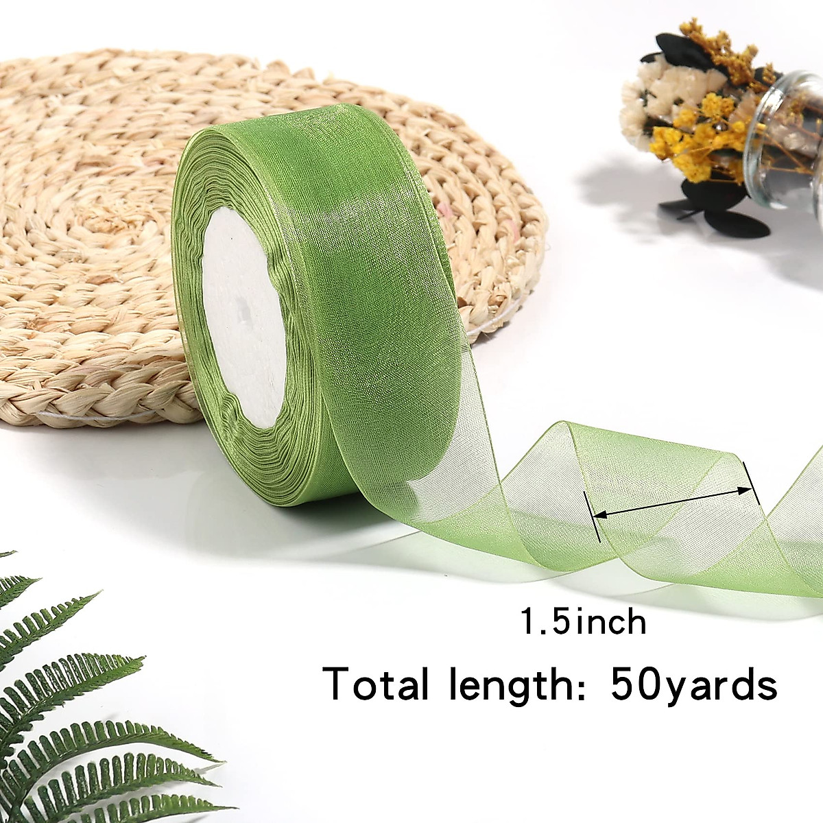 Hiswan 1.5 inch Sheer Organza Ribbon Sage Green Chiffon Ribbon for Gift Wrapping Christmas Halloween Decoration Wedding Flower Bouquet Crafts 50 Yards