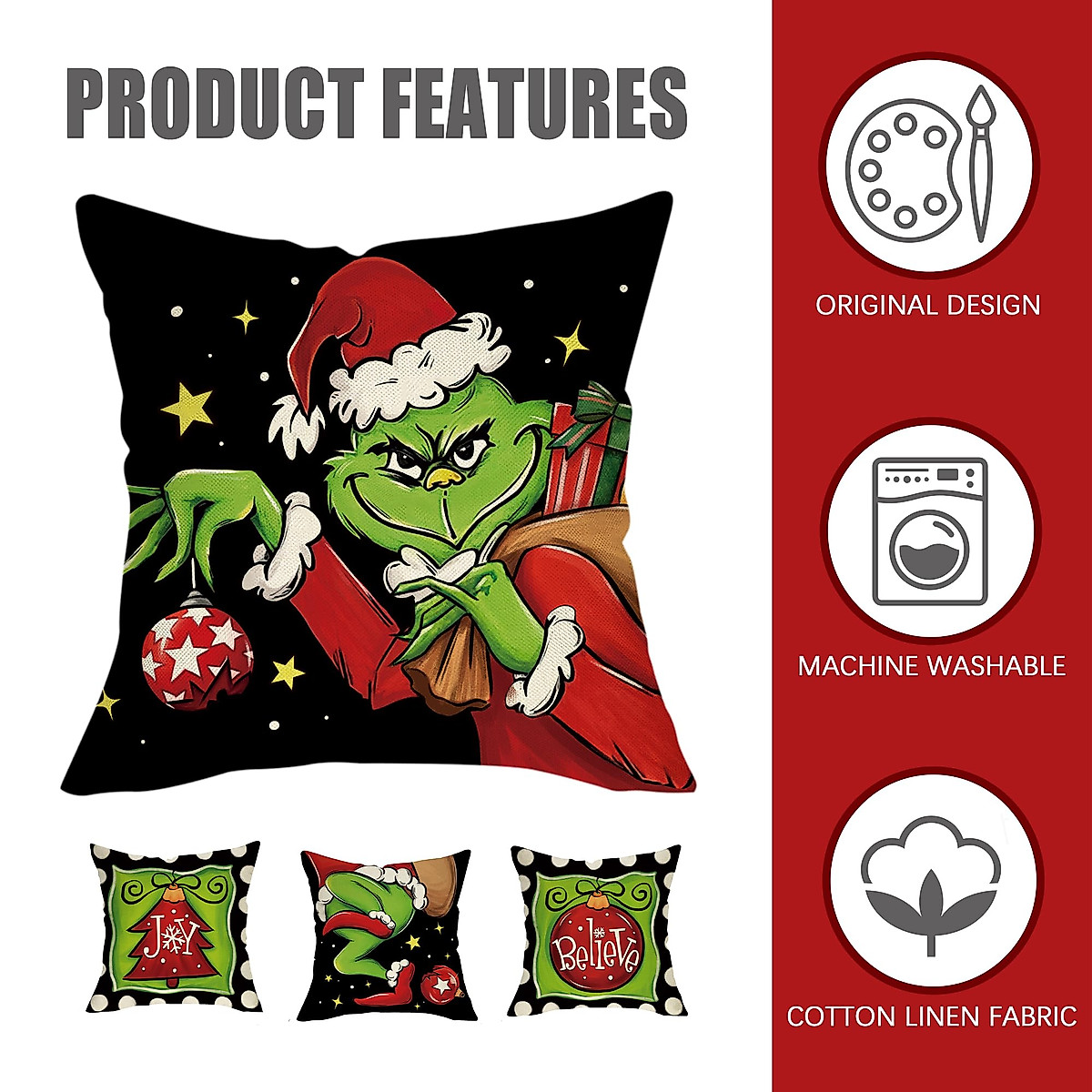 Fahrendom Merry Christmas Decorative Throw Pillow Covers 18 x 18 Set of 4, Xmas Pine Tree Ornament Joy Believe Porch Outdoor Pillowcase, Black Green Polka Dot Winter Holiday Cushion Case Home Decor