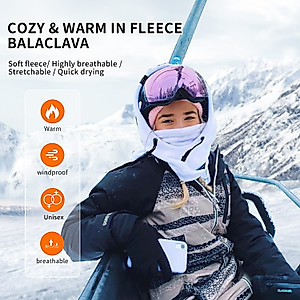 OWNGIGI Balaclava Ski Mask for Men and Women Winter Fleece Face Mask Windproof Cold Weather Head Cover Hooded Neck Warmer White