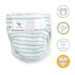 Amazing Baby Hybrid Cloth Diaper Cover with Pocket-Sling, Small, Sz 2 (8-15 lbs), Use with Boosties Inserts, Denim Mini Chevron, SmartNappy Set includes Muslin Cover + Tri-fold Insert + Booster Pad
