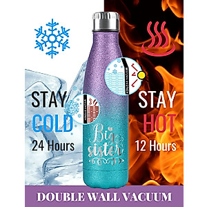 Onebttl Big Sister Gifts for daughter, Insulated Stainless Steel Water Bottle, For Big Sis on Birthday/Pregnancy announcement, 17 oz, Violet-Blue Gradient Glitter