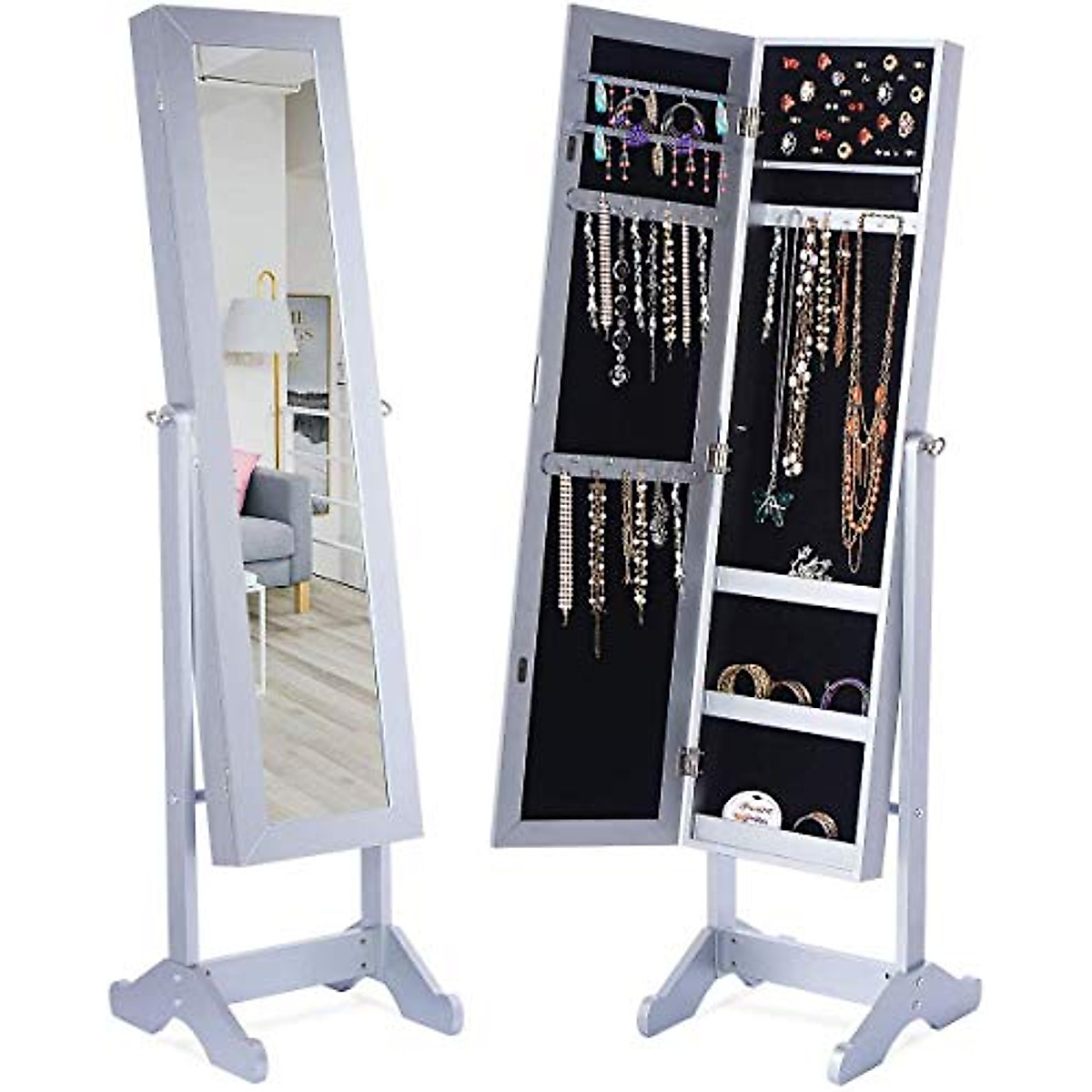 DECOMIL Jewelry Cabinet With Mirror, LED Lights, Jewelry Armoire Organizer with Mirror, Large Storage 57" Tall Mirrored Armoire Box, Modern, Pure White
