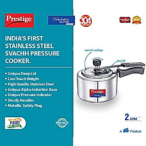 Prestige Nakshatra Alpha Svachh Stainless Steel Induction Base 2 Liter Pressure Cooker with Deep Lid for Spilage Control