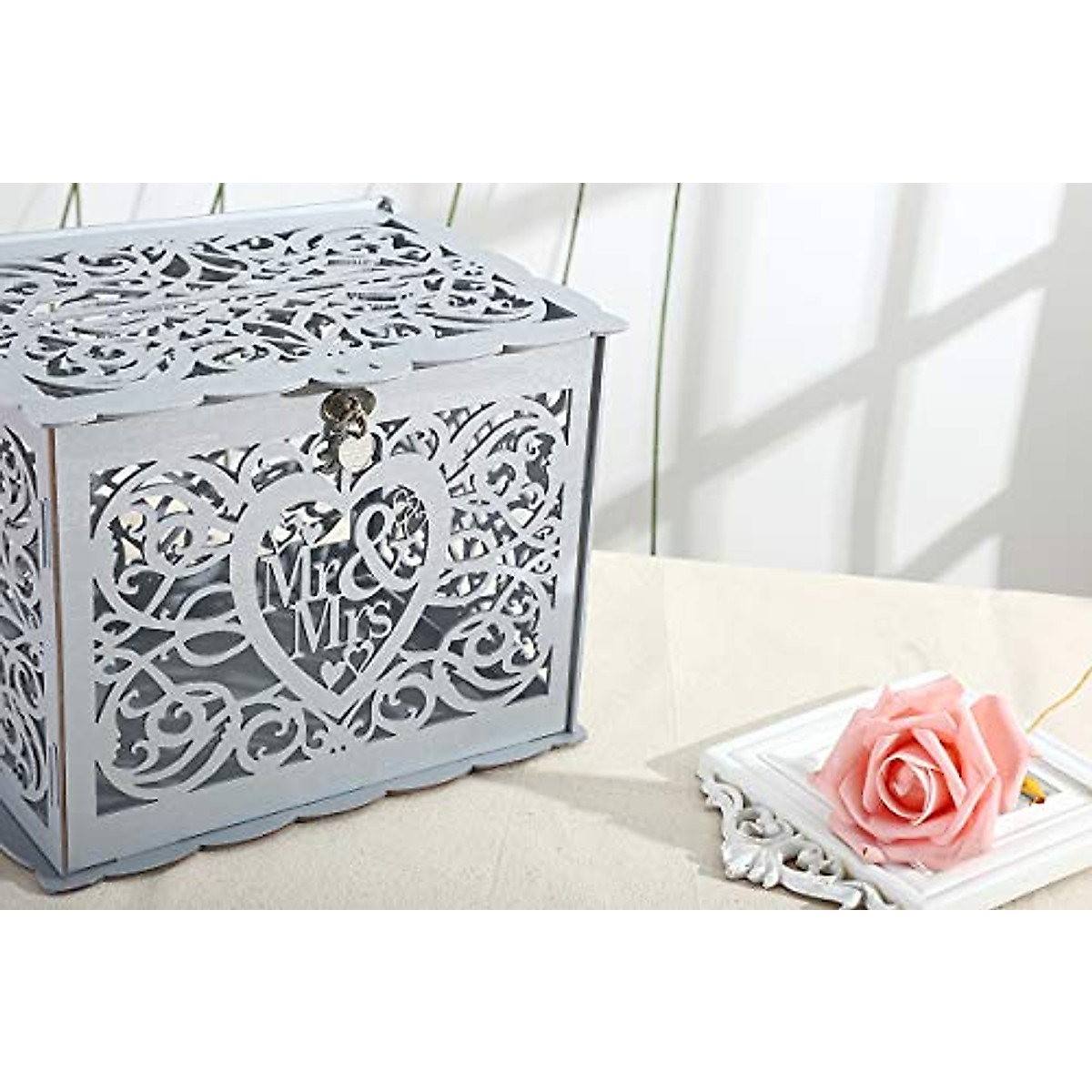 Mimacoo Wedding Money Box Holder with Sign, Large Rustic Wood Wooden DIY Envelop Gift Card Shadow Boxes with Lock Slot for Reception Anniversary (Silver)