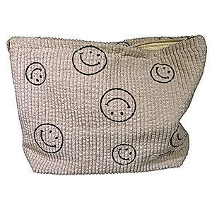 USLAICAI Bags for Women,Corduroy Cosmetic Bag Aesthetic Women Handbags Purses Smile Dots Makeup Organizer Storage Makeup Bag,cosmetic bags for women (Beige Smiley)