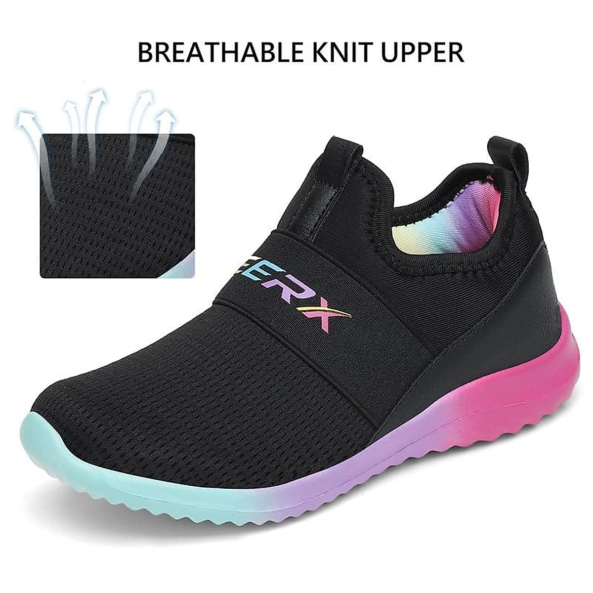 GEERX CARA Girls Slip On Athletic Sneaker Lightweight Sport Walking Running Tennis Shoe (Toddler/Little Kid/Big Kid) Black Rainbow Size 2