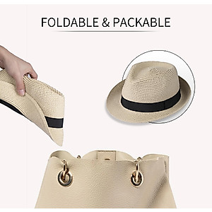 DressVoguer Straw Fedora Hat for Women Men Short Brim Panama Hat Roll Up Trilby Summer Beach Sun Hat UPF 50+ Beige
