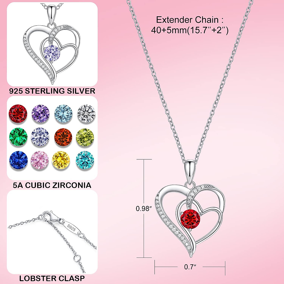 NINAMAID Birthstone Necklace for Women, Heart Necklace 18K White Gold Filled Sterling Silver Diamond Necklaces Jewelry Birthday Gifts for Women