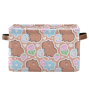 ZENWAWA Collapsible Fabric Storage Cube Adorable Capybara Print, Large Foldable Open Organizer Bins Baskets with PU Handles 1 Pack
