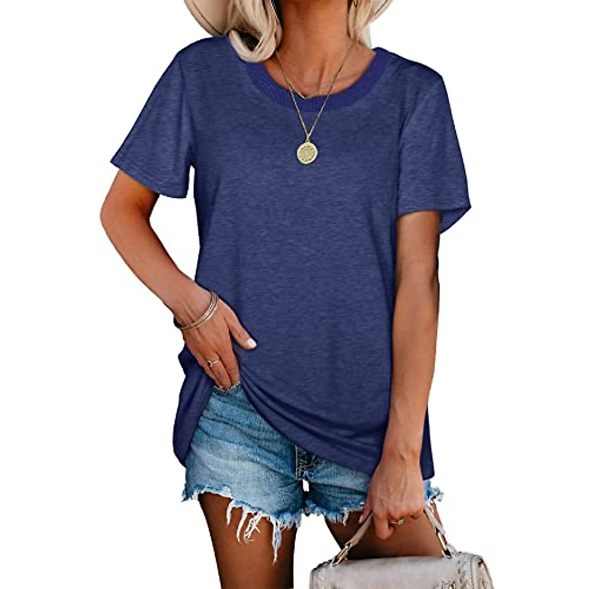 Summer Tops for Women Comfy Short Sleeve Tunic Tees Navy M