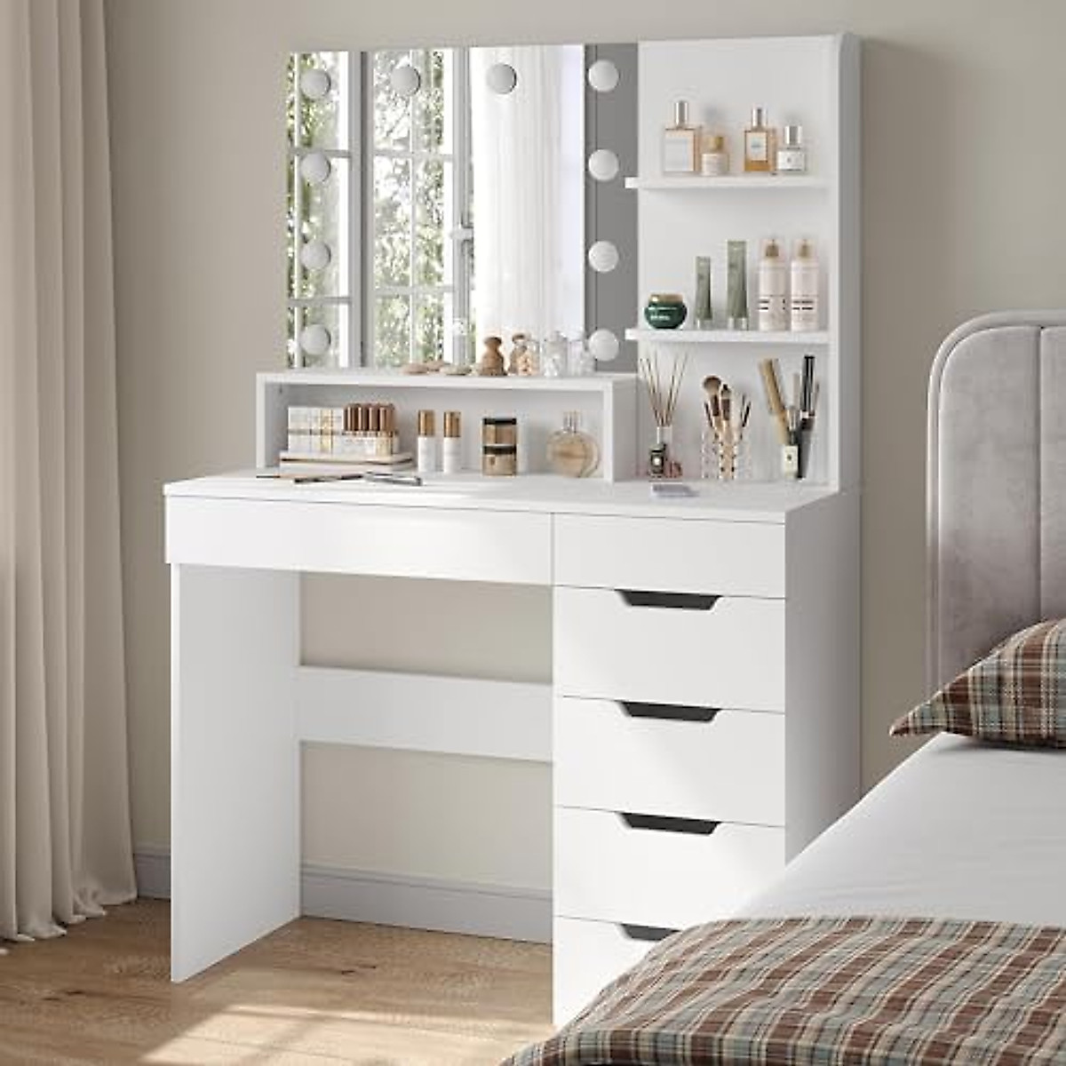 Diwnnue Vanity Desk with LED Lighted Mirror, Makeup Vanity Table Set with 6 Drawers, 3 Color Lighting Modes Brightness Adjustable, Hidden Wiring, Dressing Table for Bedroom, White