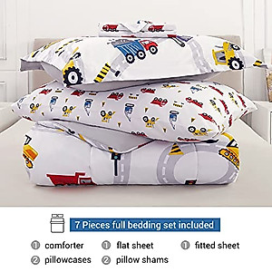 Viviland Full Comforter Set for Boys - Kids Brushed Microfiber Full Bedding Set - 7 Pieces Machine Washable Bed in A Bag with Soft Comforters, Sheet Set, Shams - Excavator Car Printed