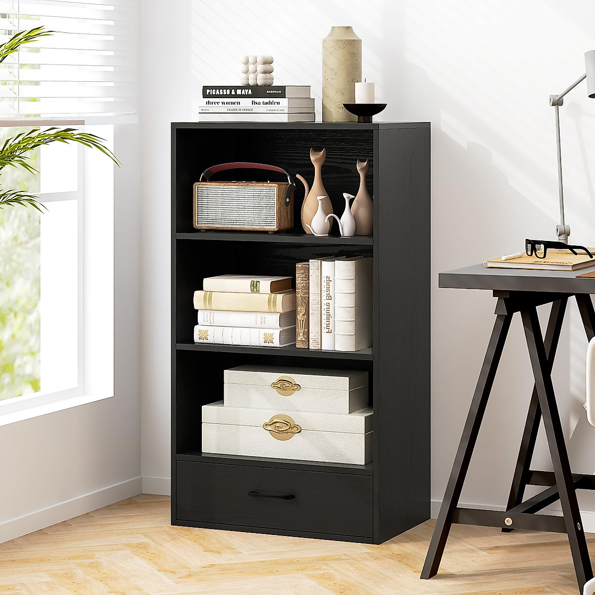 LOKO 4-Tier Bookcase with Storage Drawer, Modern Organizer Display Storage Shelves with Anti-toppling Device, Freestanding Bookshelf with 3 Open Shelves & 1 Drawer, Living Room, Study, Office (Black)