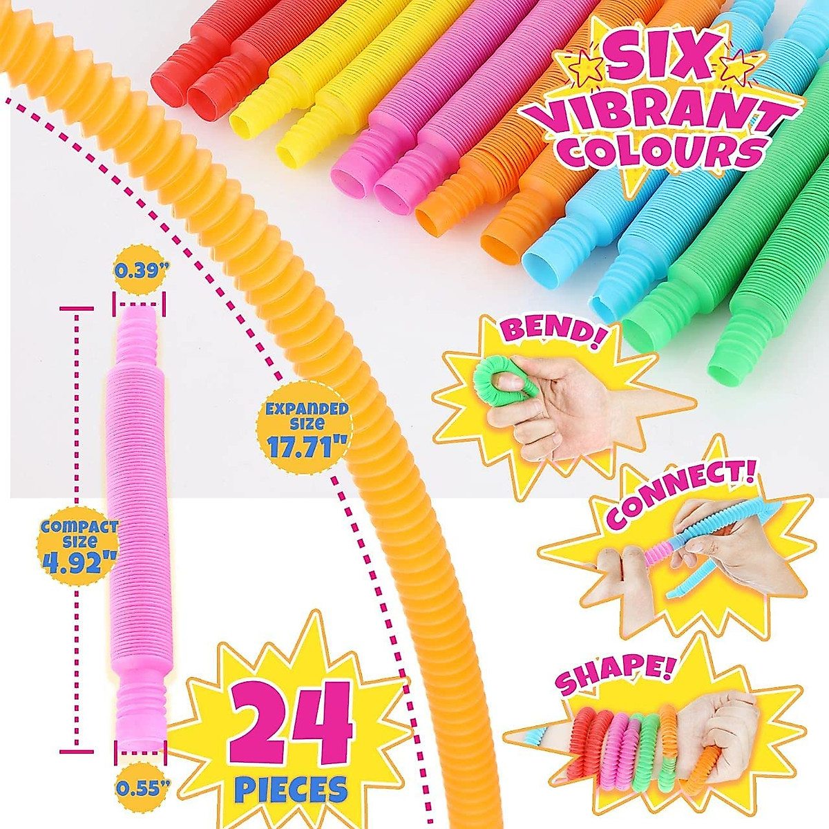 Pop Tubes Mini 24 Pack, Sensory Fidget Party Favors Bulk Toys for Kids, Stress Relief Toys for ADHD, ADD Toddlers, DIY Learning for Preschool, Fidget Toys for Kids Party Favors Classroom Prize