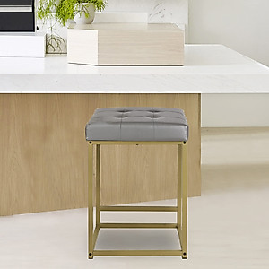 GIA 24-Inch Counter Height Square Metal Stool with Footrest and Tufted Gray Vegan Leather Upholstery, Gold Frame, Qty of 1