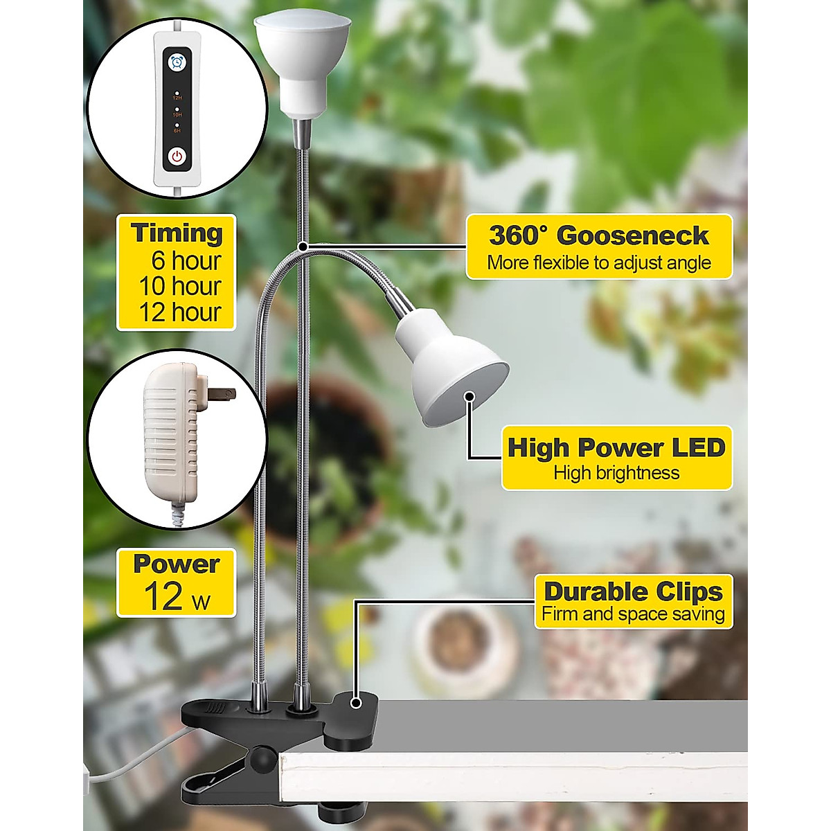APLANT Grow Light for Indoor Plants, Desk Clip Plant Light with Cool White Red Blue LEDs,14W Flexible Dual Head Plant Lamp with Auto Timer 6/10/12H, Out of The Box Plant Grow Light for House Plants