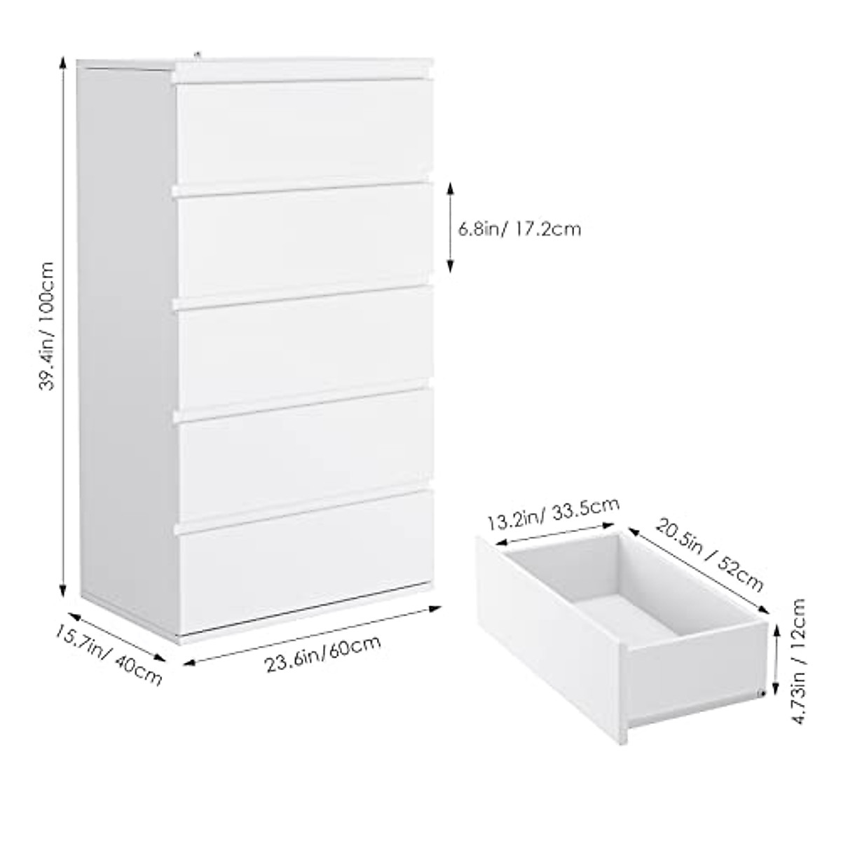FOTOSOK 5 Drawer Dresser, Modern Storage Chest of Drawer with Large Storage Space, 23.6L x 15.7W x 39.4H Inch Bedroom Tall Nightstand Clothing Organizer Cabinet, White