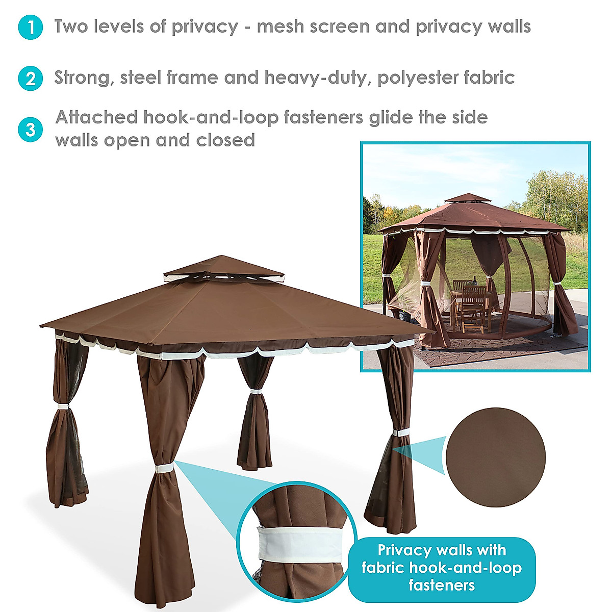 Sunnydaze 10 x 10 Foot Soft-Top Patio Gazebo with Screens and Privacy Walls - Great for Backyard, Garden or Deck - Brown