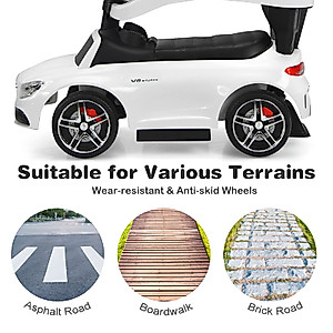 Costzon Push Car for Toddlers, 3 in 1 Mercedes Benz Stroller Sliding Walking Car w/Canopy, Handle, Safety Bar, Cup Holder, Music, Underneath Storage, Foot-to-Floor Ride On Toy for Boys & Girls, White