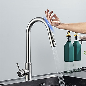 Brushed Smart Touch On Kitchen Faucet Sensor 360 Rotation Pull Out Single Handle Mixer Tap Two Water